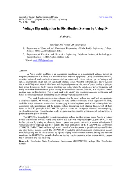11 Voltage Dip Mitigation In Distribution System By Using D Statcom Pdf