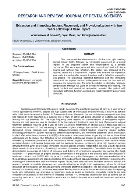 Immediate Placement and Provisionalization of Maxillary Posterior Single Implants | PDF