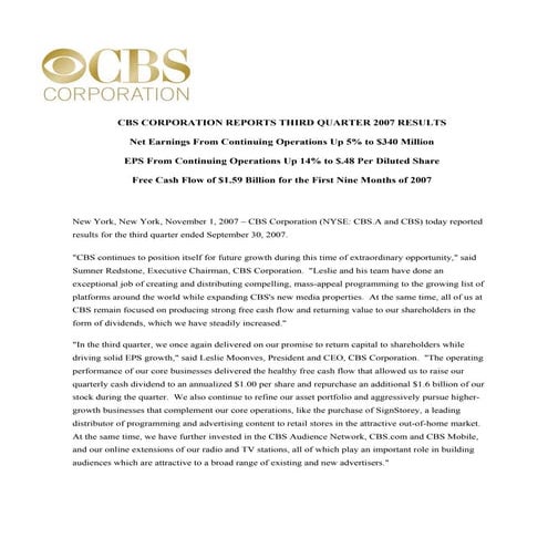 Q3Earnings November CBS Corporation | PDF