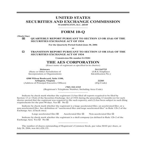 AES 2Q 2006 Form10Q | PDF | Business Accounting & Finance | Business