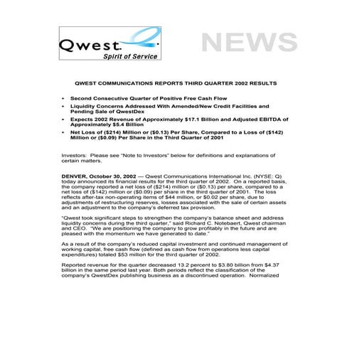 Qwest 3Q 02 Release FIN | PDF