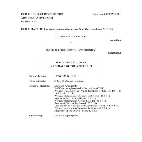 Skeleton argument for the Appellant Julian Assange 110630 | PDF | Crime ...