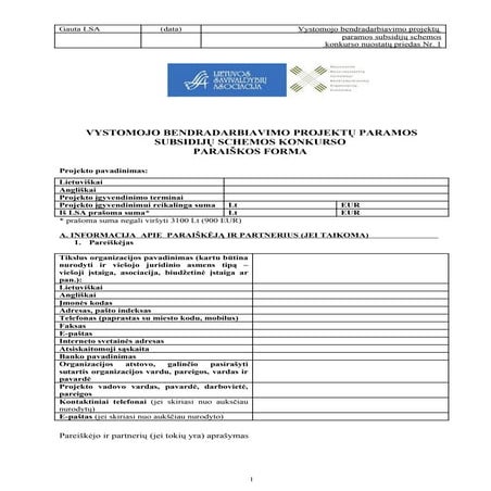 Vystomojo bendradarbiavimo iniciatyvų konkurso paraiškos forma | DOC