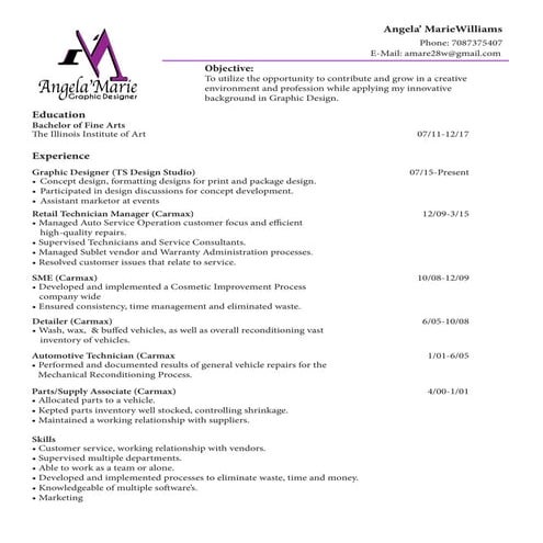 Angela'Marie Resume | PDF | Automotive Industry | Industries