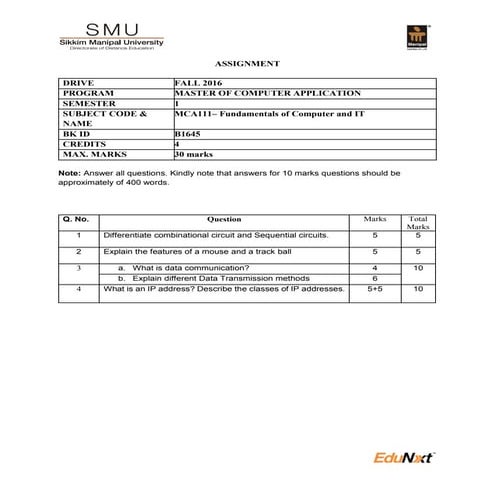 SMU BCA SEM 1 FALL 2016 ASSIGNMENTS | PDF