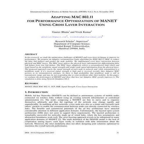 Adapting Mac 802.11 For Performance Optmization Of Manet Using Cross Layer Interaction | PDF