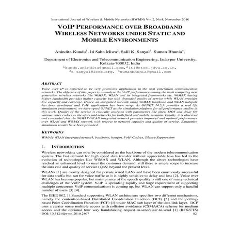VOIP PERFORMANCE OVER BROADBAND WIRELESS NETWORKS UNDER STATIC AND MOBILE ENVIRONMENTS | PDF