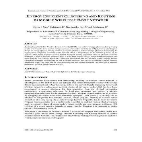 Energy Efficient Clustering And Routing In Mobile Wireless Sensor Network Pdf
