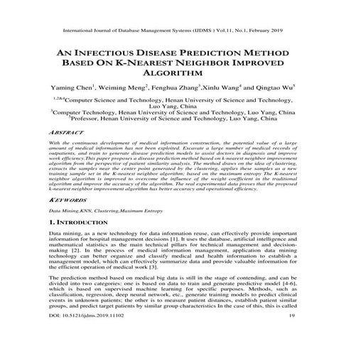An Infectious Disease Prediction Method Based on K-Nearest Neighbor Improved Algorithm | PDF