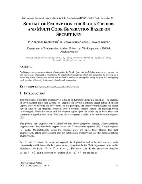 Scheme Of Encryption For Block Ciphers And Multi Code Generation Based On Secret Key Pdf