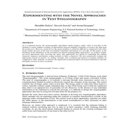 EXPERIMENTING WITH THE NOVEL APPROACHES IN TEXT STEGANOGRAPHY | PDF