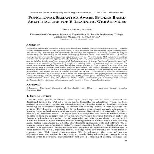 FUNCTIONAL SEMANTICS AWARE BROKER BASED ARCHITECTURE FOR E-LEARNING WEB SERVICES | PDF
