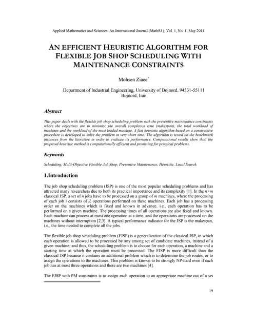 An Efficient Heuristic Algorithm For Flexible Job Shop Scheduling With Maintenance Constraints Pdf
