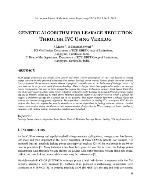 Genetic Algorithm For Leakage Reduction Through Ivc Using Verilog Pdf