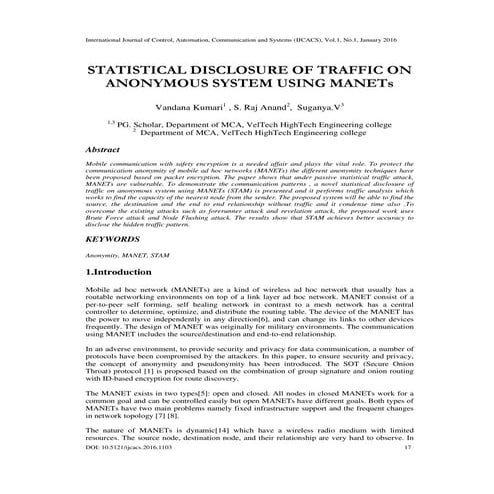 STATISTICAL DISCLOSURE OF TRAFFIC ON ANONYMOUS SYSTEM USING MANETs | PDF