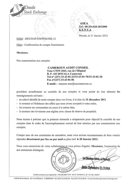 Letter from douala stock exchange | PDF