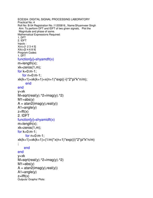 DFT and IDFT Matlab Code | PDF DFT and IDFT Matlab Code | PDF