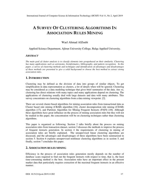 A Survey Of Clustering Algorithms In Association Rules Mining Pdf 9557