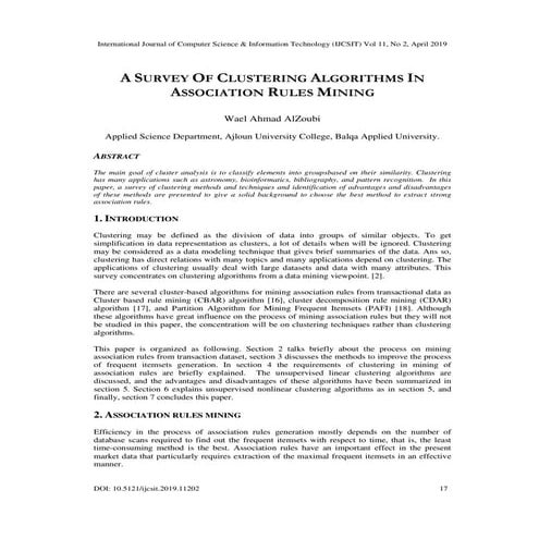 A SURVEY OF CLUSTERING ALGORITHMS IN ASSOCIATION RULES MINING | PDF