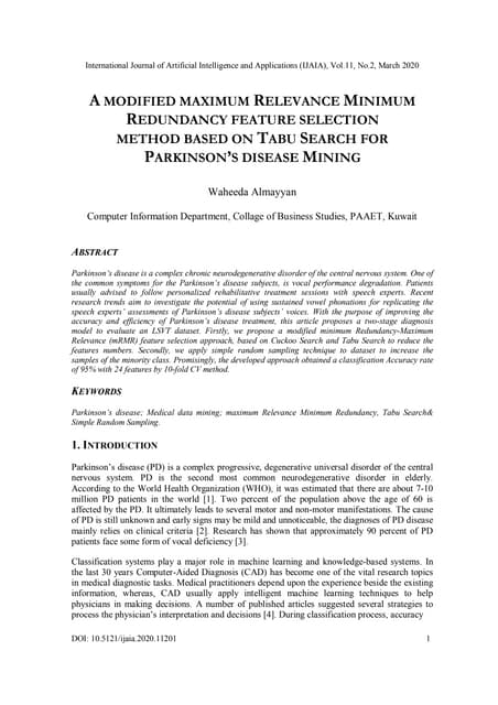 A Modified Maximum Relevance Minimum Redundancy Feature Selection