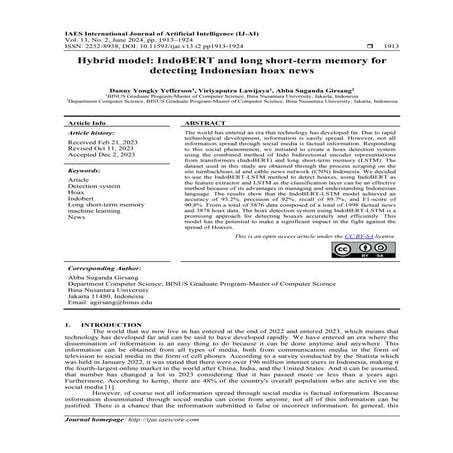 Hybrid model: IndoBERT and long short-term memory for detecting ...