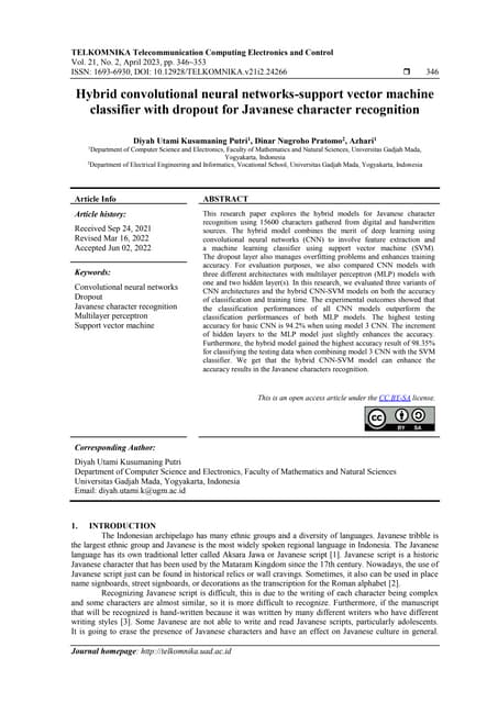 Hybrid Convolutional Neural Networks Support Vector Machine Classifier With Dropout For Javanese