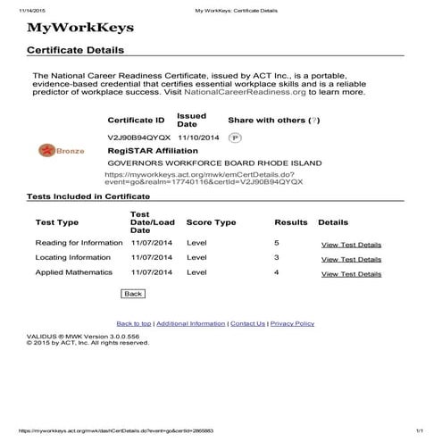 My WorkKeys_ Certificate Details | PDF