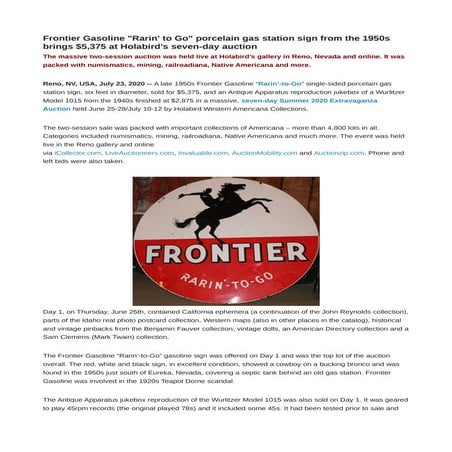 Frontier Gasoline "Rarin' to Go" porcelain gas station sign from the ...