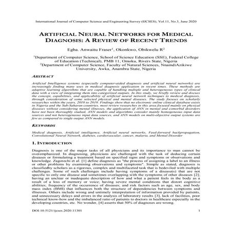 ARTIFICIAL NEURAL NETWORKS FOR MEDICAL DIAGNOSIS: A REVIEW OF RECENT ...