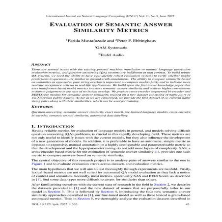 EVALUATION OF SEMANTIC ANSWER SIMILARITY METRICS | PDF