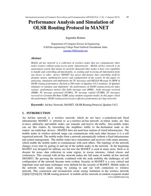 Performance Analysis And Simulation Of Olsr Routing Protocol In Manet Pdf