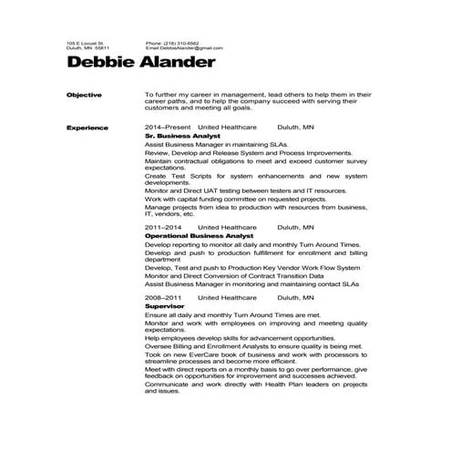 Deb Resume 031316 | DOC | Human Resources | Business