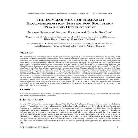 THE DEVELOPMENT OF RESEARCH RECOMMENDATION SYSTEM FOR SOUTHERN THAILAND ...