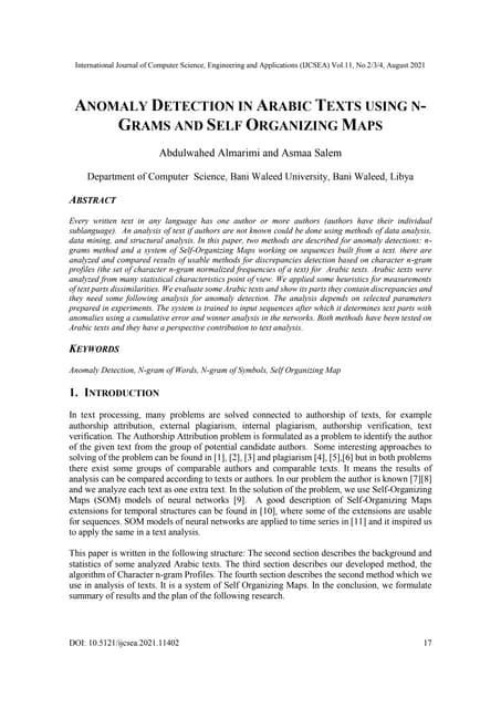 Anomaly Detection In Arabic Texts Using Ngrams And Self Organizing Maps Pdf