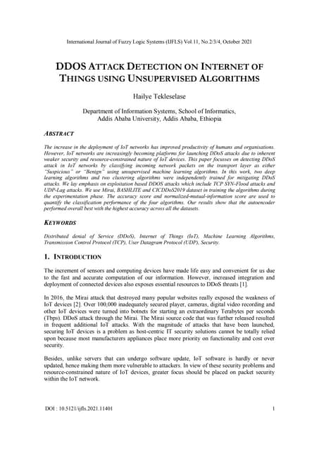 Ddos Attack Detection On Internet Of Things Using Unsupervised Algorithms Pdf