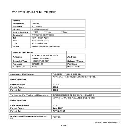 CV FOR JOHAN KLOPPER SR | PDF