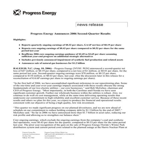 progress energy q2 2006 release | PDF