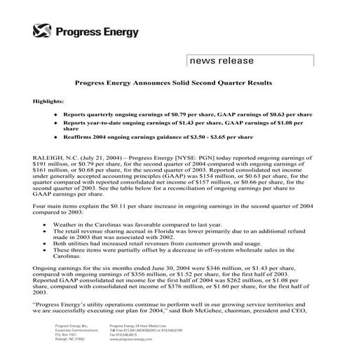 progress energy Q2 04 earnings release | PDF