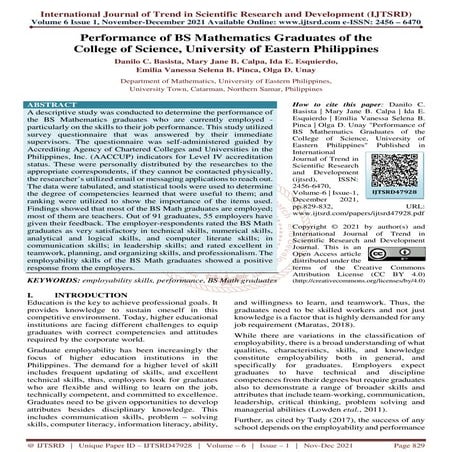 Performance of BS Mathematics Graduates of the College of Science ...