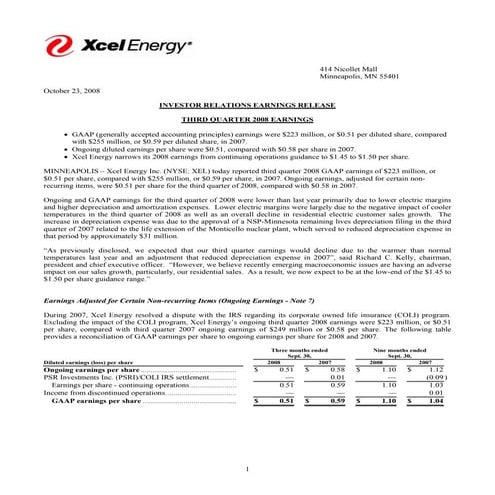 xcel energy Q308_release | PDF