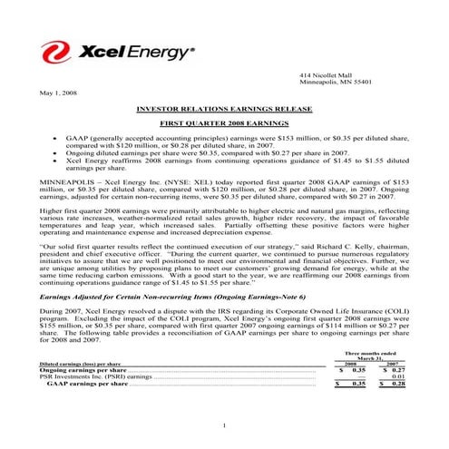 xcel energy Q108_release | PDF