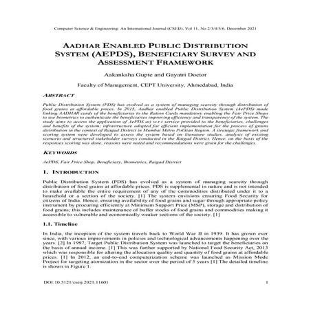 Aadhar Enabled Public Distribution System (AEPDS), Beneficiary Survey ...