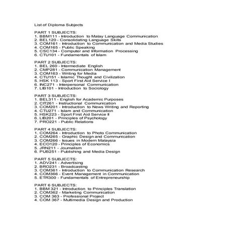 List of Diploma Subjects | DOCX