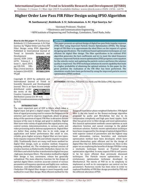 Higher Order Low Pass Fir Filter Design Using Ipso Algorithm Pdf Digital Audio Computer