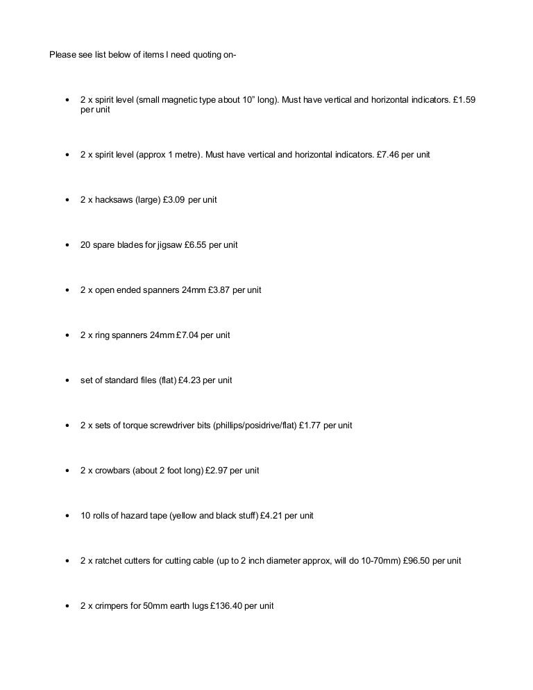 Please see list below of items I need...