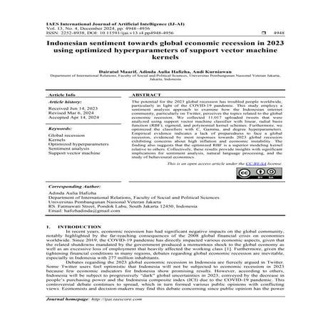 Indonesian sentiment towards global economic recession in 2023 using optimized hyperparameters ...