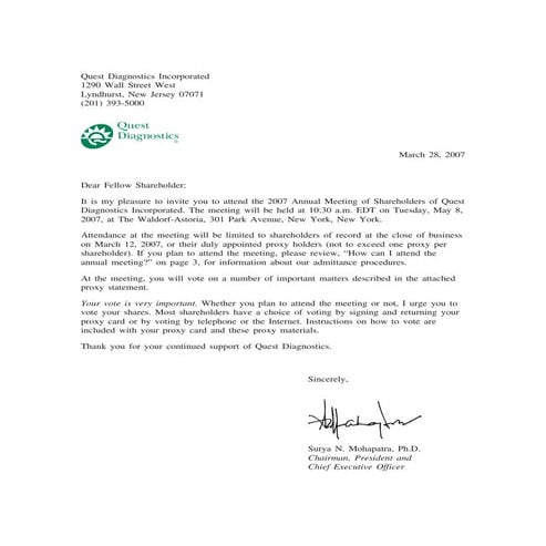 quest diagnostics 4_24final2007proxy | PDF | Business Accounting ...