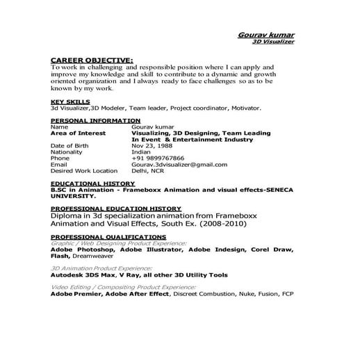 GOURAV 3D VISUALISER RESUME | DOCX | 3-D Graphics | Computer Software ...