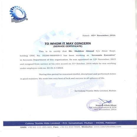 Colony Textile Experience Letter | PDF