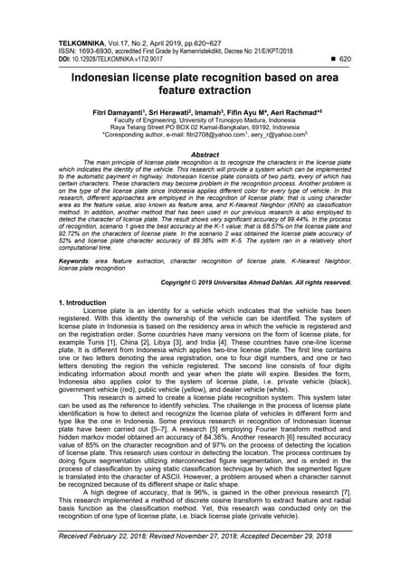 Indonesian License Plate Recognition Based On Area Feature Extraction Pdf